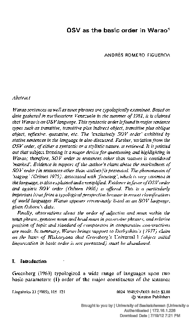 (PDF) OSV as the basic order in Warao