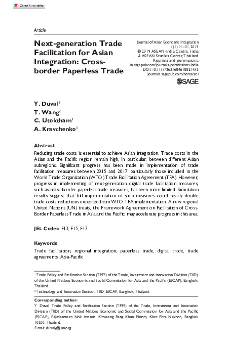 (PDF) Next-generation Trade Facilitation for Asian Integration: Cross-border Paperless Trade