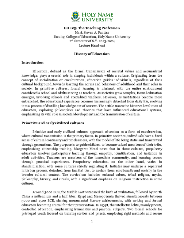(DOC) History of Education - Class Notes in The Teaching Profession