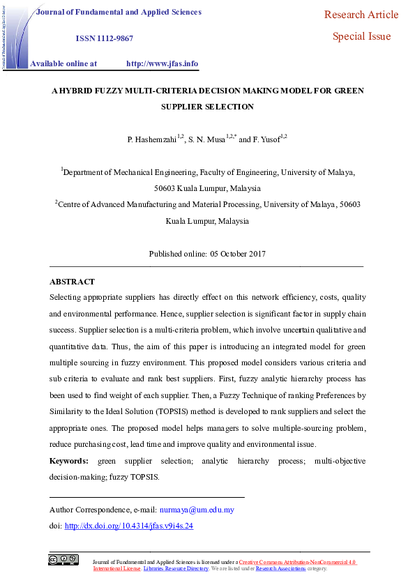 Pdf A Hybrid Fuzzy Multi Criteria Decision Making Model For Green Supplier Selection