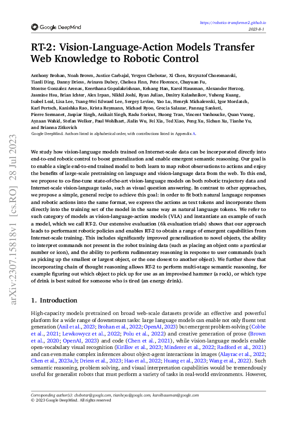 (PDF) RT-2: Vision-Language-Action Models Transfer Web Knowledge to ...