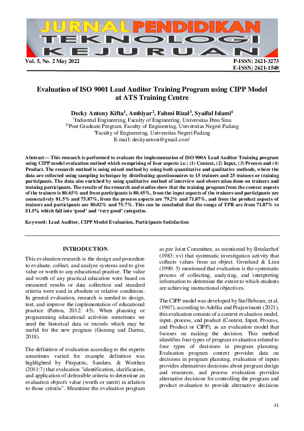 (PDF) Evaluation of ISO 9001 Lead Auditor Training Program using CIPP Model at ATS Training Centre