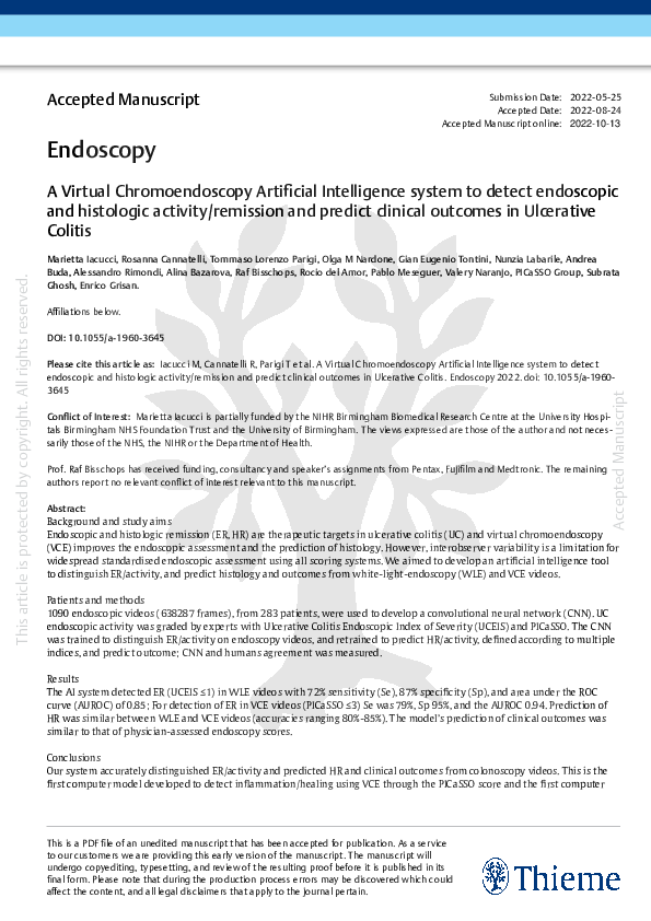 (PDF) A virtual chromoendoscopy artificial intelligence system to detect endoscopic and ...