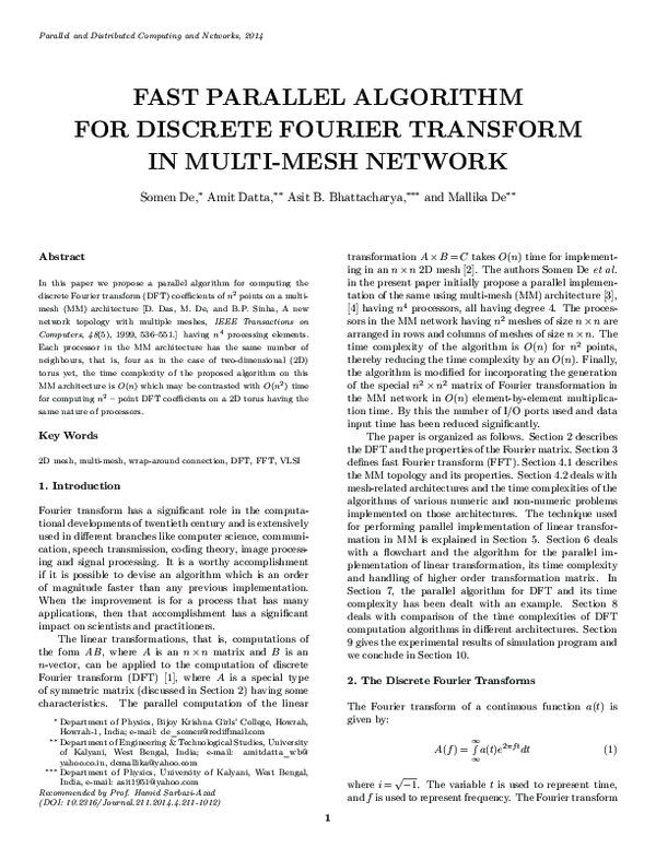 (PDF) Fast Parallel Algorithm for Discrete Fourier Transform in Multi-Mesh Network