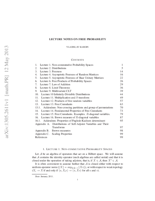 (PDF) Lecture Notes on Free Probability