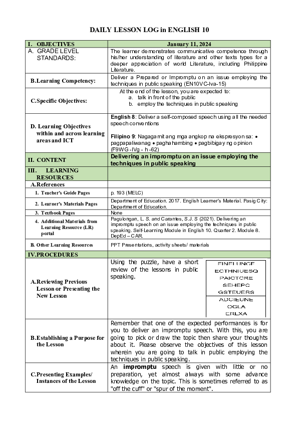 (DOC) DAILY LESSON LOG in ENGLISH 10