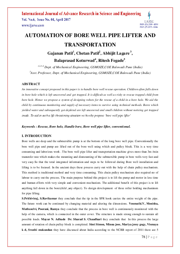 (PDF) Automation of Bore Well Pipe Lifter and Transportation