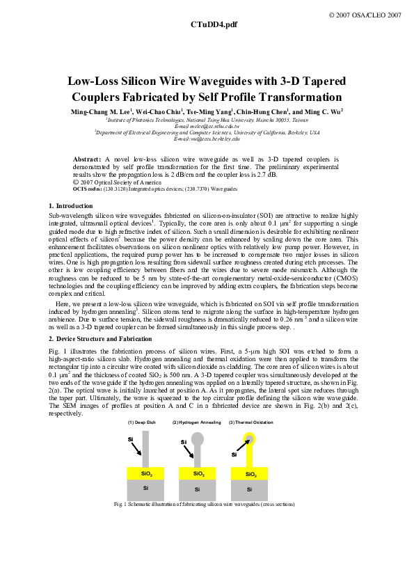 (PDF) Low-Loss Silicon Wire Waveguides with 3-D Tapered Couplers ...