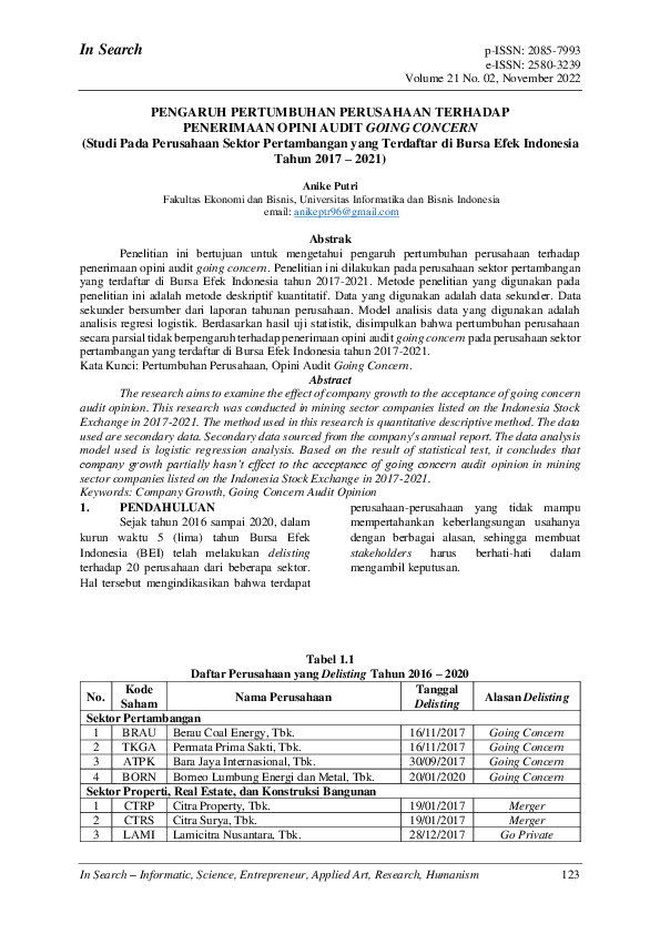 (PDF) Pengaruh Pertumbuhan Perusahaan Terhadap Penerimaan Opini Audit Going Concern