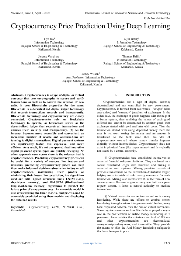 (PDF) Cryptocurrency Price Prediction Using Deep Learning