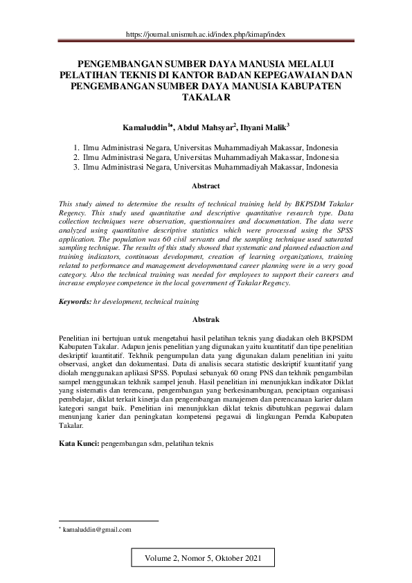 (PDF) PENGEMBANGAN SUMBER DAYA MANUSIA MELALUI PELATIHAN TEKNIS DI KANTOR BADAN KEPEGAWAIAN DAN ...