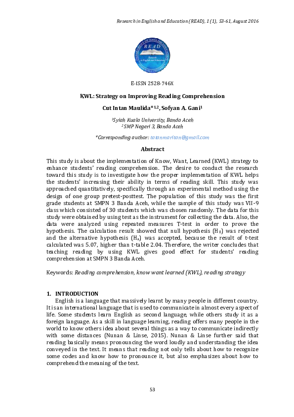 (PDF) KWL: Strategy on Improving Reading Comprehension