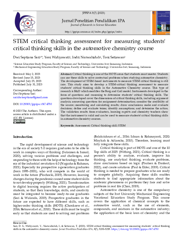 (PDF) STEM critical thinking assessment for measuring students ...