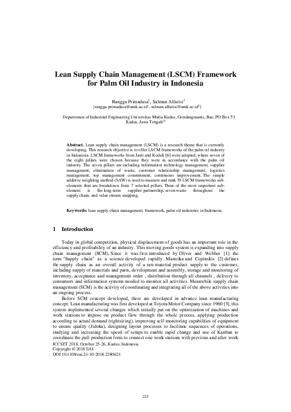 (PDF) Lean Supply Chain Management (LSCM) Framework for Palm Oil Industry in Indonesia