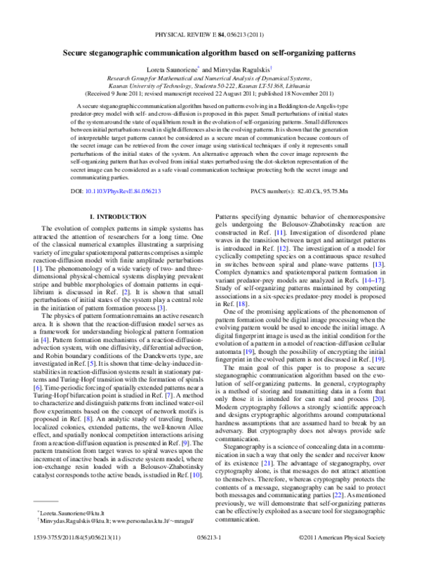 Pdf Secure Steganographic Communication Algorithm Based On Self Organizing Patterns Loreta 0608
