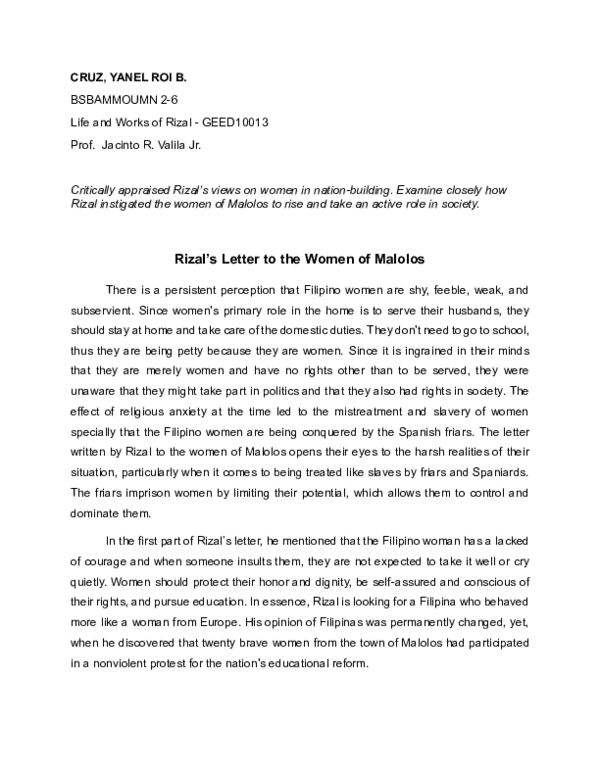 (PDF) Rizal's Letter to the Women of Malolos | Yanel Roi Cruz ...