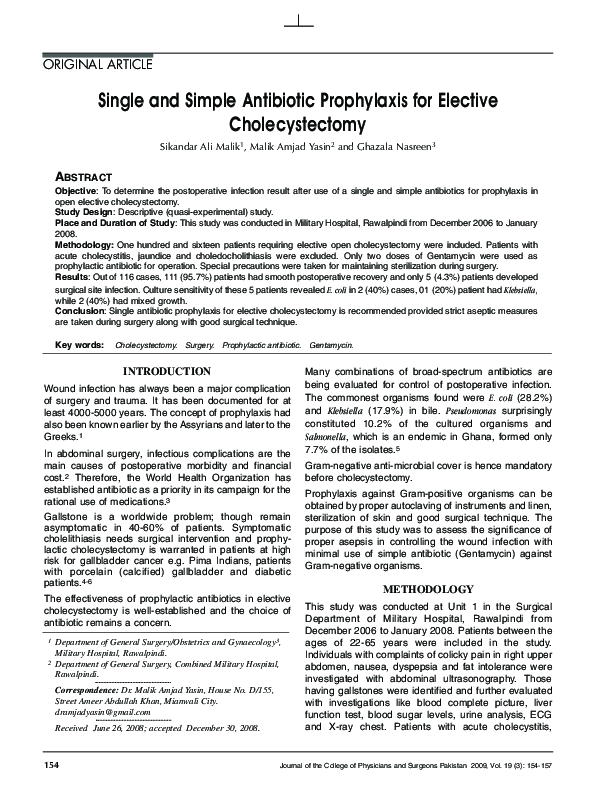(PDF) Single and simple antibiotic prophylaxis for elective cholecystectomy