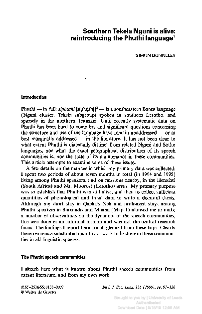 (PDF) Southern Tekela Nguni is alive: reintroducing the Phuthi language