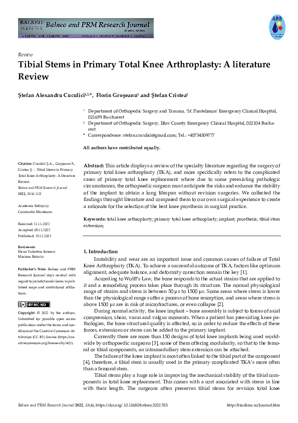 (PDF) Tibial Stems in Primary Total Knee Arthroplasty: A literature Review