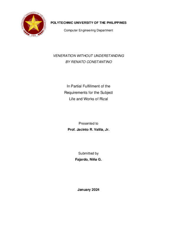 (PDF) A Reflection Paper of Renato Constantino's Veneration Without ...