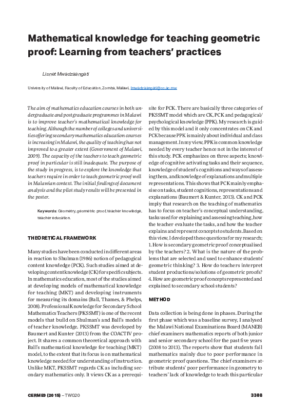 (PDF) Mathematical knowledge for teaching geometric proof: Learning ...