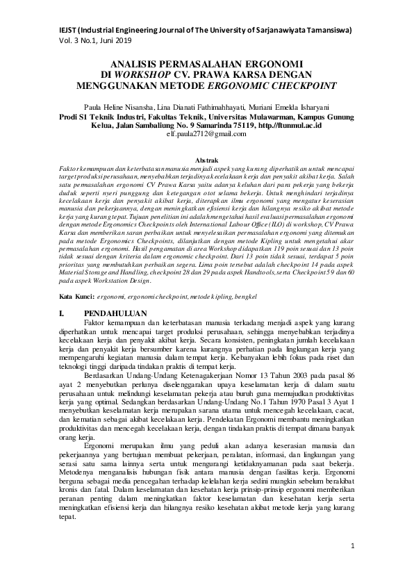 (PDF) Analisis Permasalahan Ergonomi DI Workshop CV. Prawa Karsa Dengan Menggunakan Metode ...