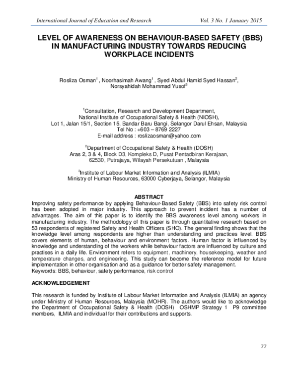 (PDF) Level of Awareness on Behaviour-Based Safety (BBS) in ...