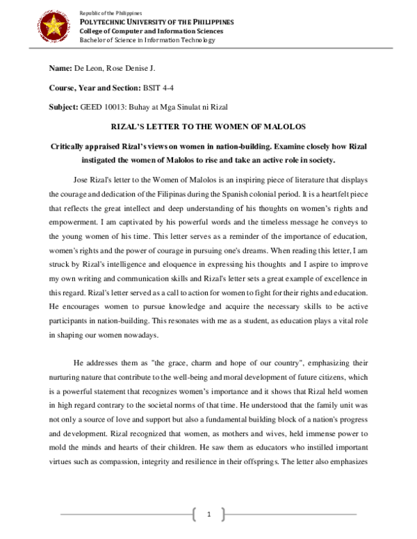 (PDF) RIZAL'S LETTER TO THE WOMEN OF MALOLOS
