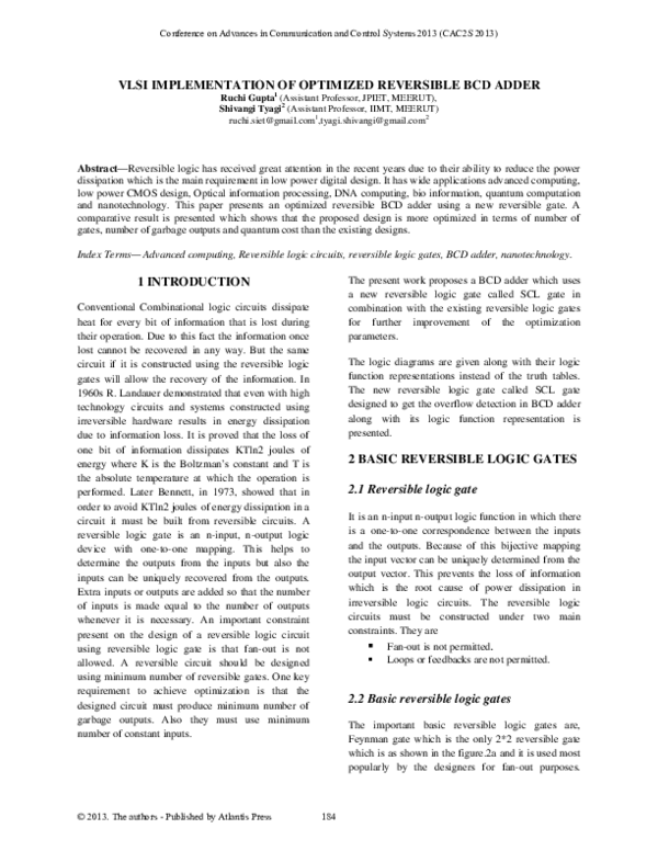(PDF) Vlsi Implementation of Optimized Reversible BCD Adder