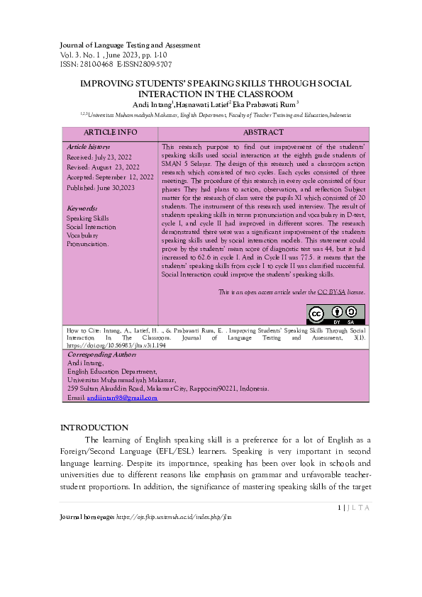 (PDF) Improving Students’ Speaking Skills Through Social Interaction In The Classroom