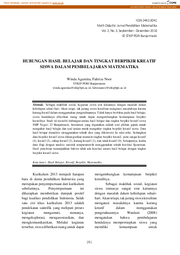 (PDF) Hubungan hasil belajar dan tingkat berpikir kreatif siswa dalam pembelajaran matematika
