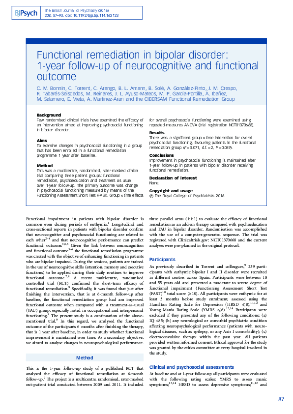 (PDF) Functional remediation in bipolar disorder: 1-year follow-up of neurocognitive and ...
