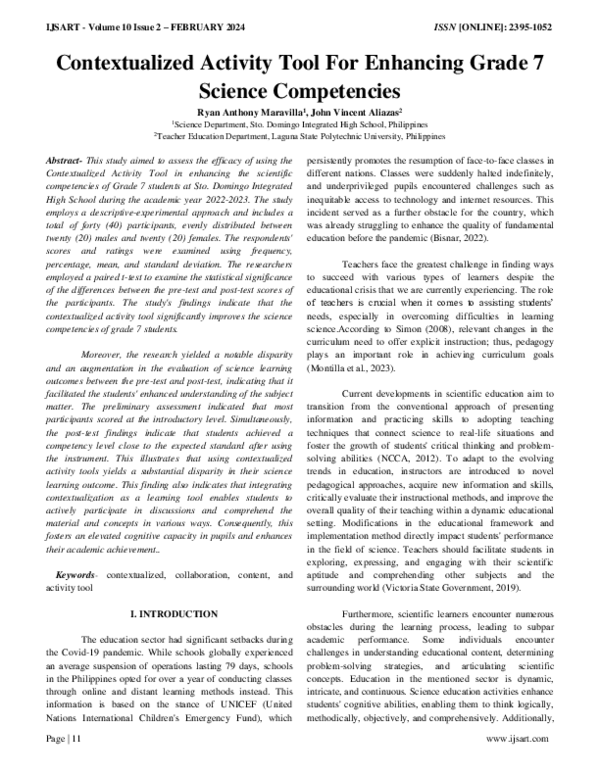 (PDF) Contextualized Activity Tool For Enhancing Grade 7 Science ...