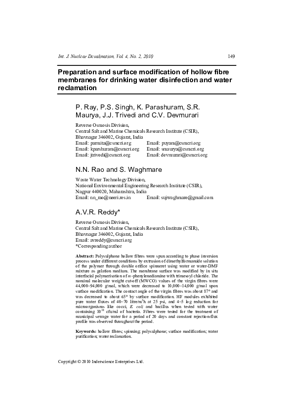 (PDF) Preparation and surface modification of hollow fibre membranes ...