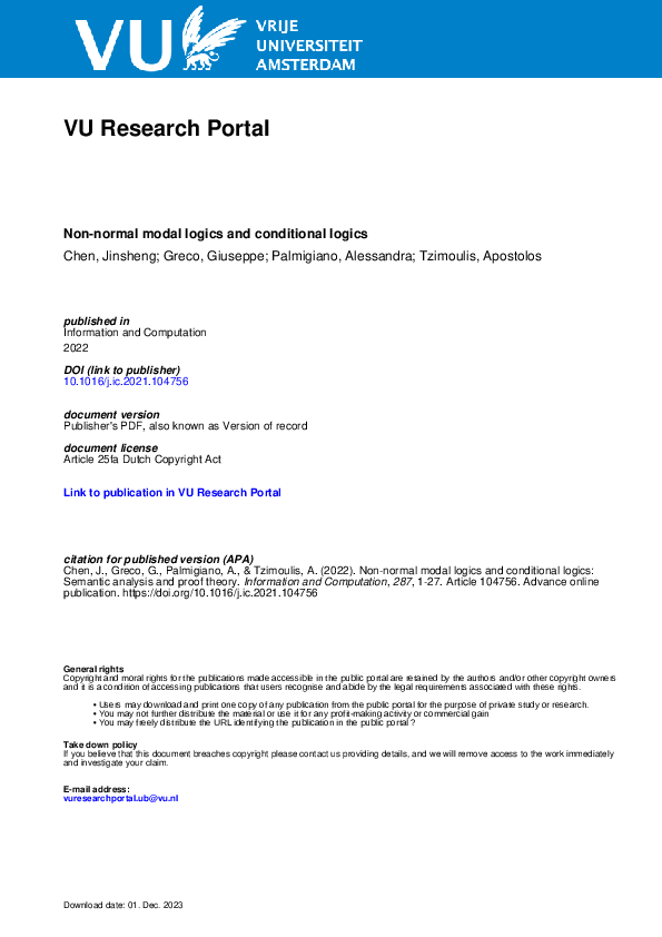 Pdf Non Normal Modal Logics And Conditional Logics Semantic Analysis 5679