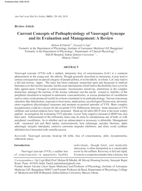(PDF) Current Concepts of Pathophysiology of Vasovagal Syncope and its Evaluation and Management ...