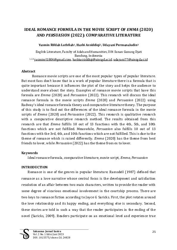 (PDF) Ideal Romance Formula in the Movie Script of Emma (2020) and Persuasion (2022 ...