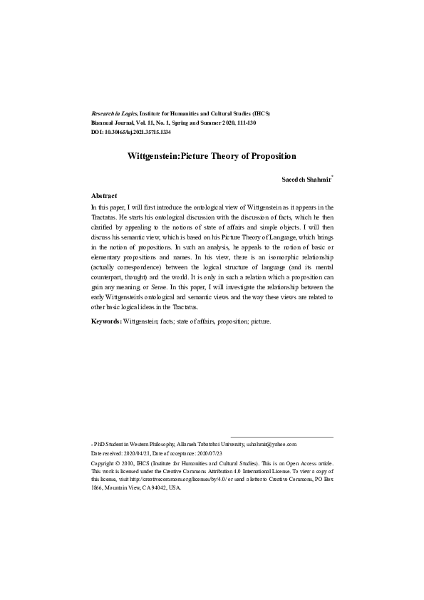 (PDF) Wittgenstein,:Picture Theory of Proposition