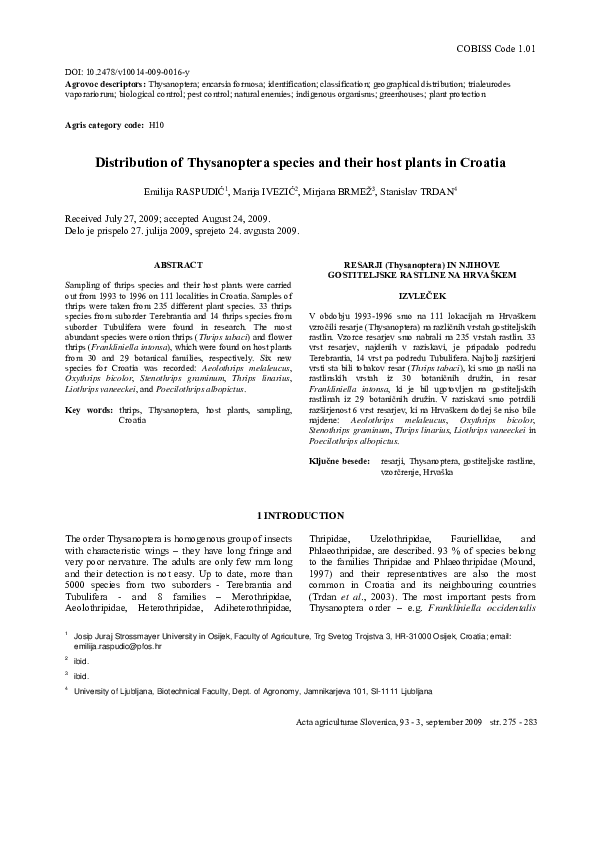 (PDF) Distribution of Thysanoptera species and their host plants in Croatia