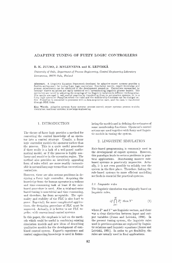 (PDF) Adaptive Tuning of Fuzzy Logic Controllers (PDF) Adaptive Tuning of Fuzzy Logic Controllers