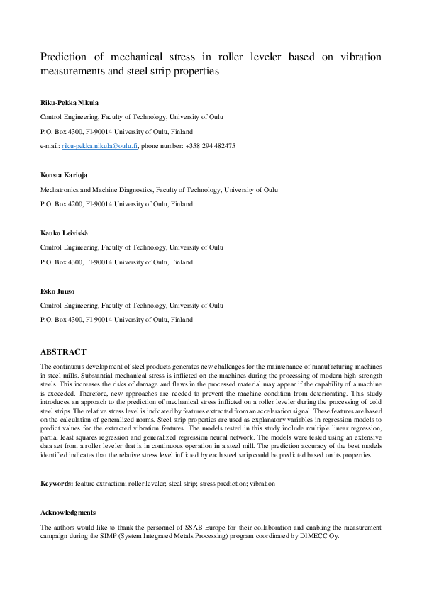 (PDF) Prediction of mechanical stress in roller leveler based on vibration measurements and ...