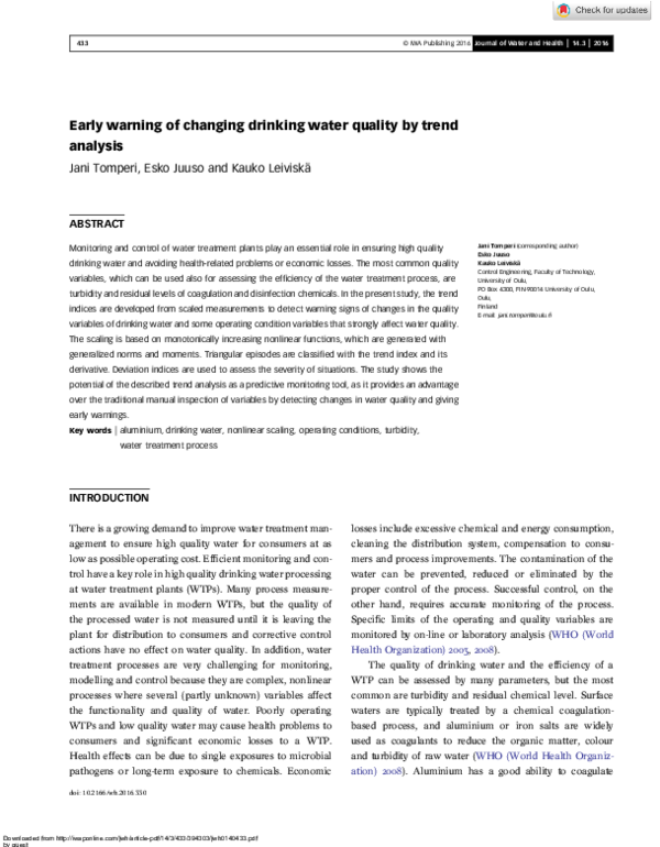(PDF) Early warning of changing drinking water quality by trend analysis