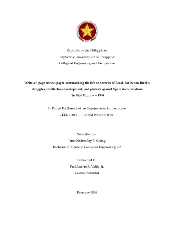 (PDF) The First Filipino: A Critical Reflection on Rizal’s life, works ...