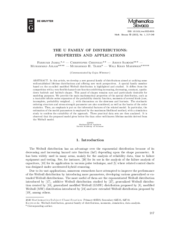 (PDF) The U Family of Distributions: Properties and Applications