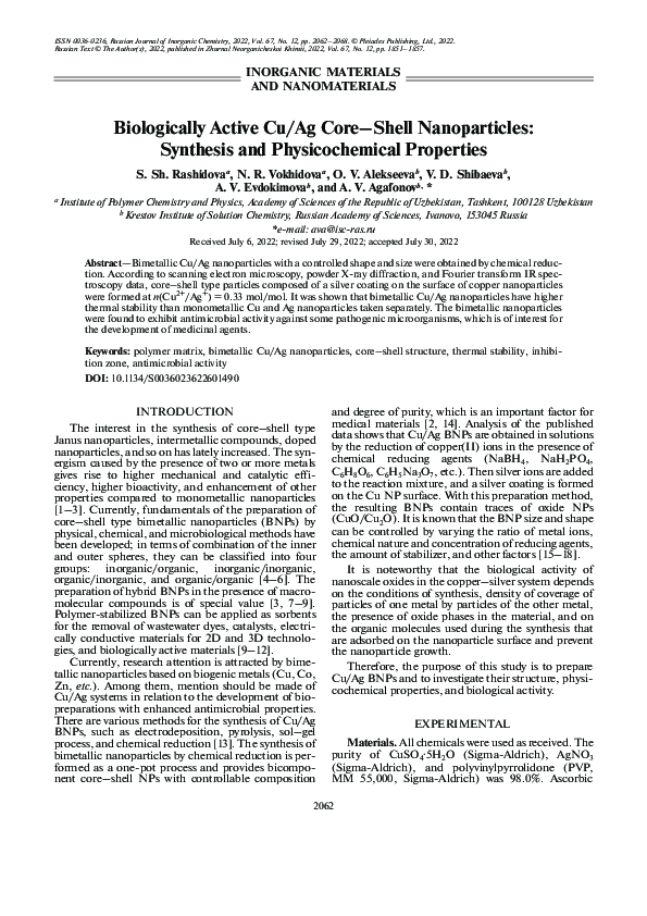 (PDF) Biologically Active Cu/Ag Core-Shell Nanoparticles: Synthesis and Physicochemical ...