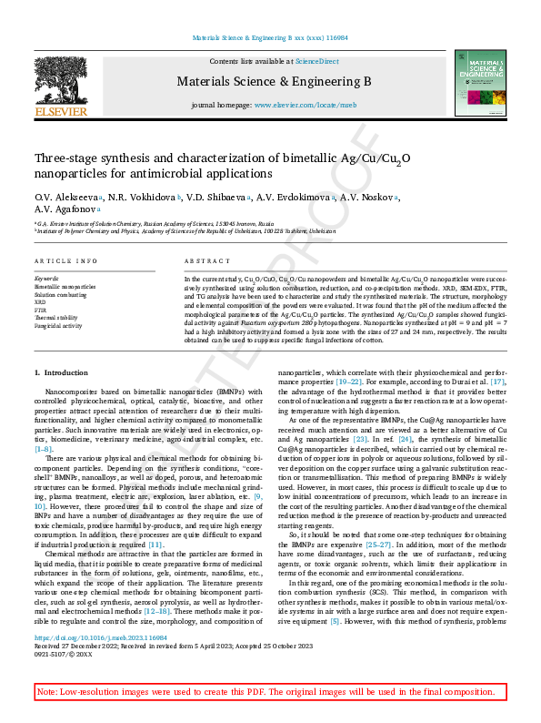 (PDF) Three-stage synthesis and characterization of bimetallic Ag/Cu/Cu 2 O nanoparticles for ...
