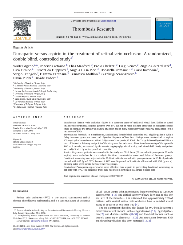(PDF) Parnaparin versus aspirin in the treatment of retinal vein ...