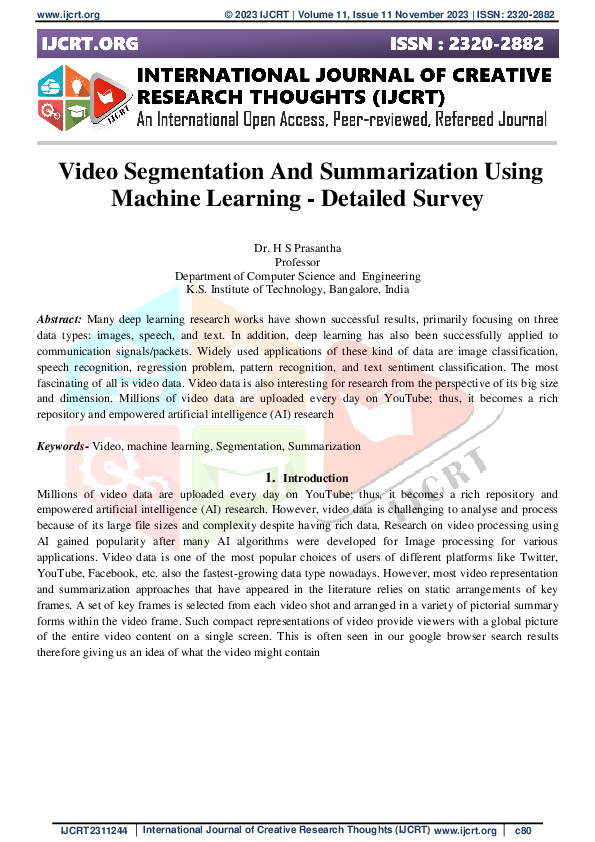 (PDF) Video Segmentation And Summarization Using Machine Learning -Detailed Survey