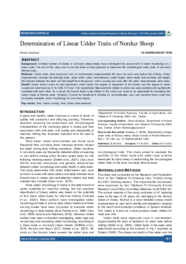 (PDF) Determination of Linear Udder Traits of Norduz Sheep