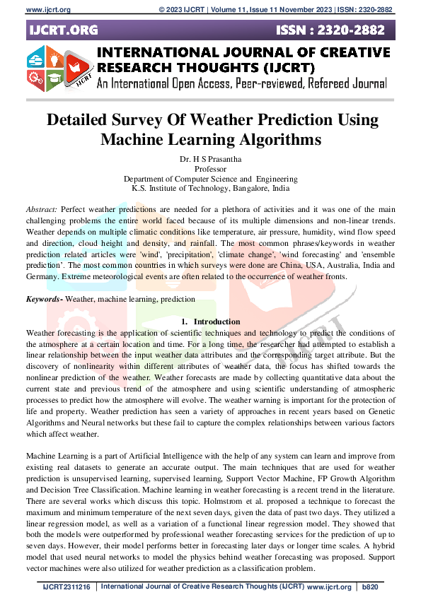 (PDF) Detailed Survey Of Weather Prediction Using Machine Learning Algorithms
